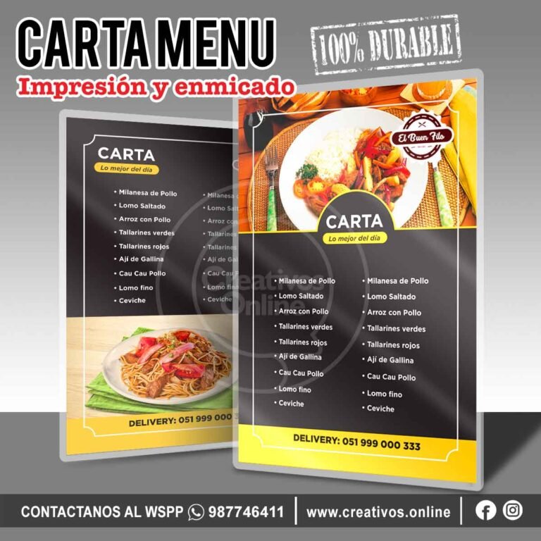 Enmicados e impresión Carta Menú para restaurantes - CREATIVOS ONLINE